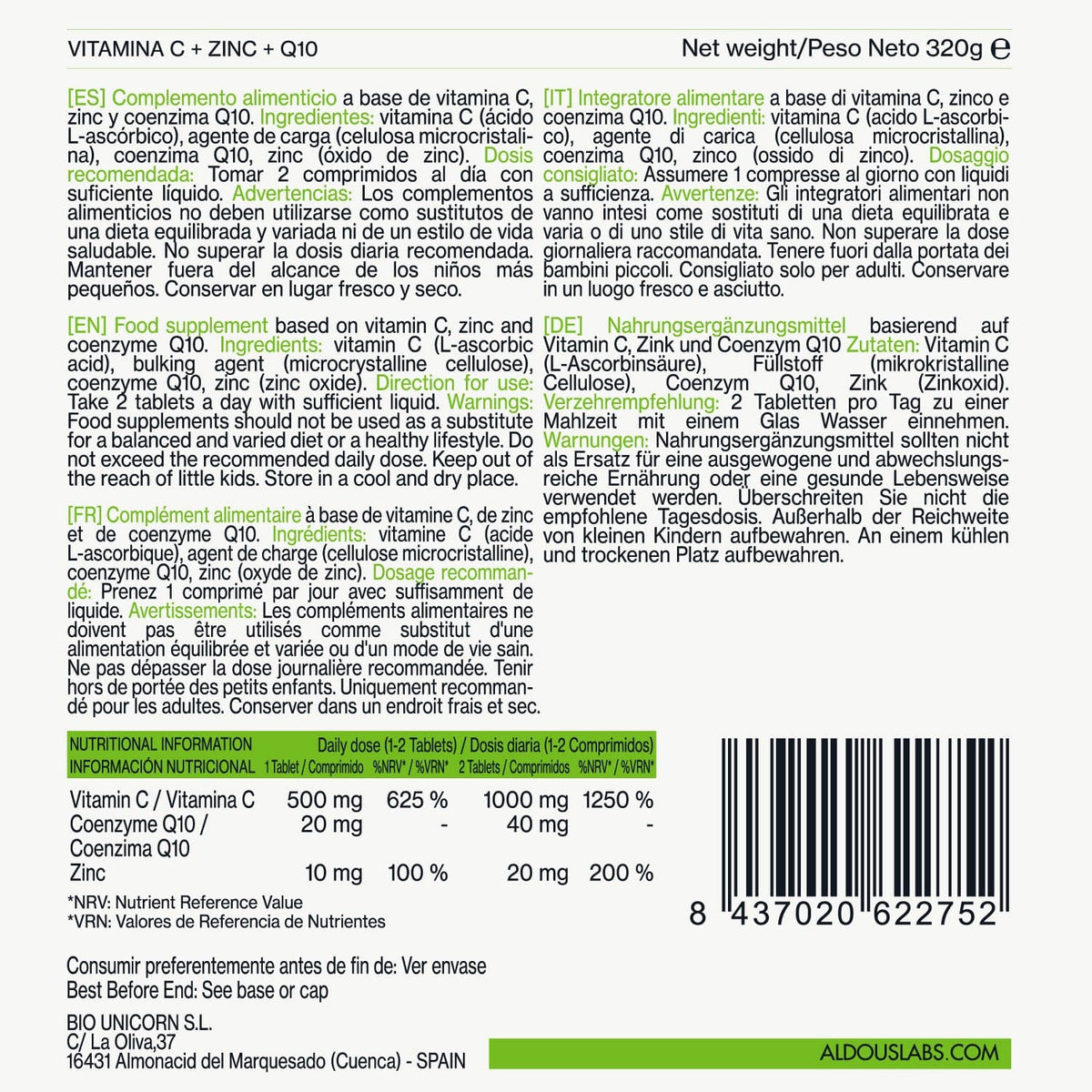 Vitamina C con Zinc y Coenzima Q10 | Aldous Bio